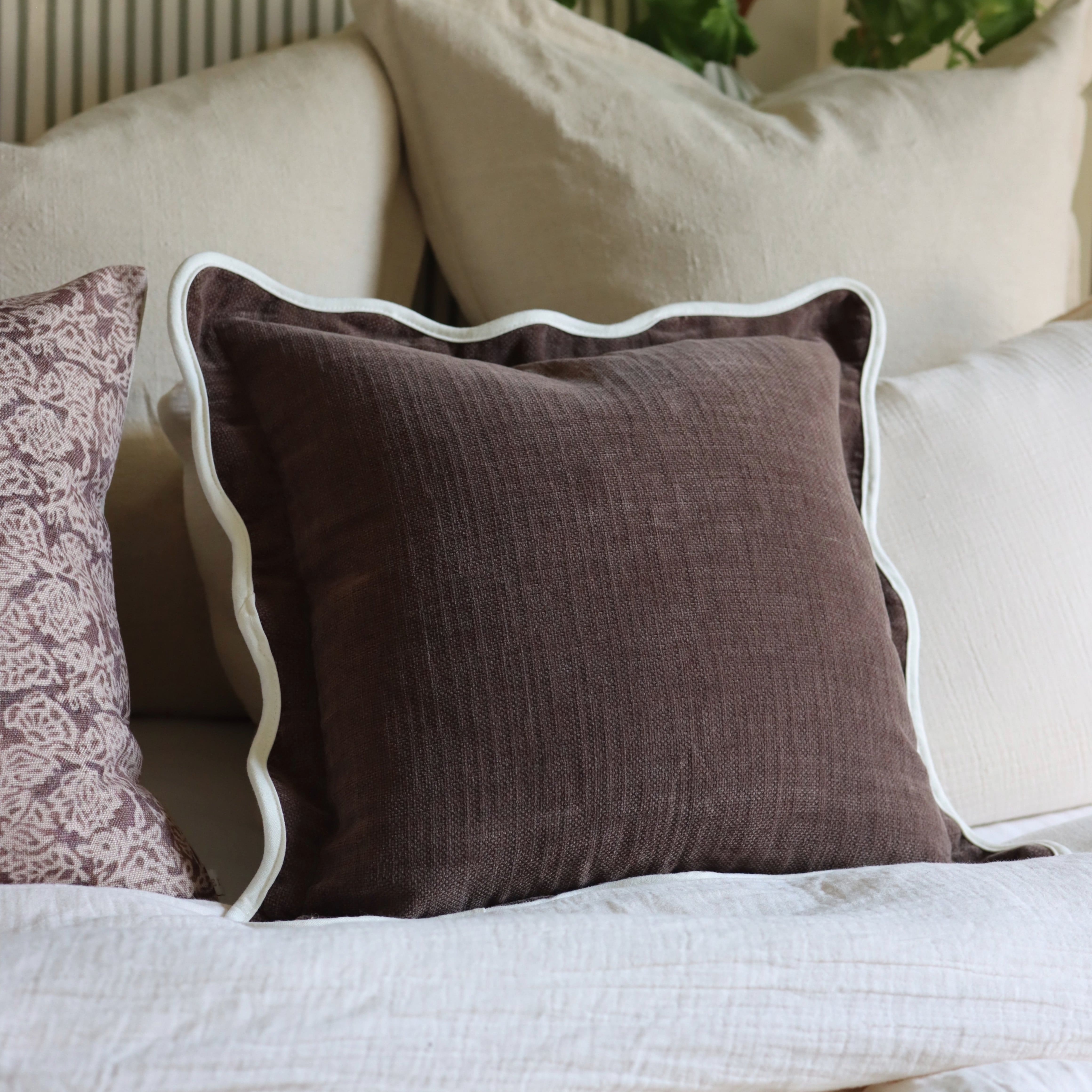 Chloe Dark Brown Scalloped Edge Cushion • Ellenvale Interiors
